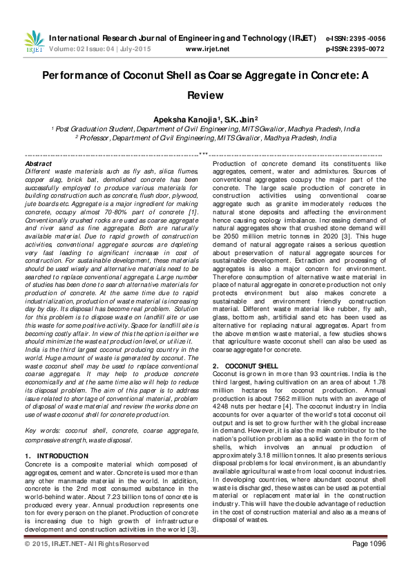 (PDF) Concrete Made Using Coconut Shell As A Coarse Aggregate | IRJET ...