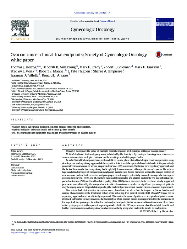 (PDF) Ovarian cancer clinical trial endpoints: Society of Gynecologic ...