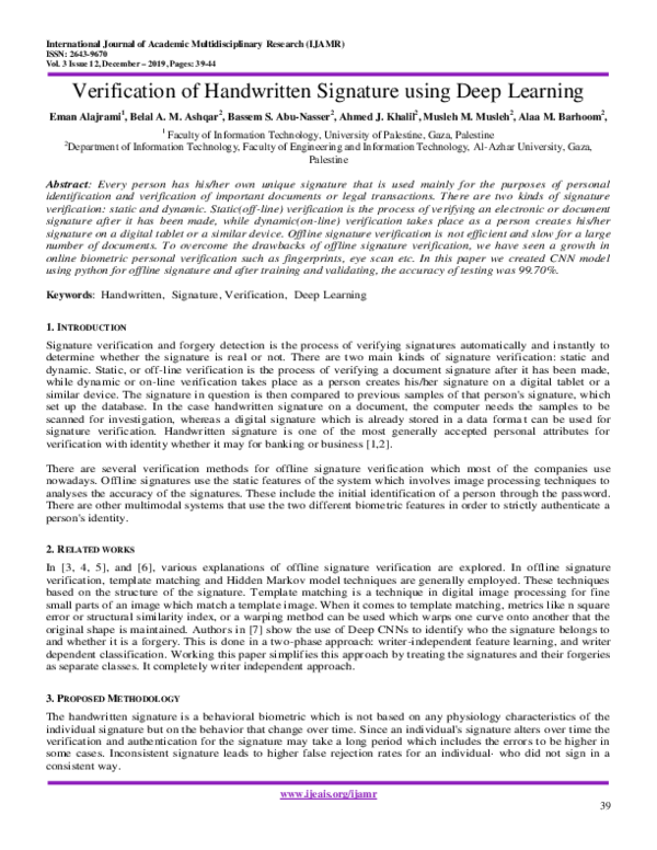 (PDF) Verification of Handwritten Signature using Deep Learning