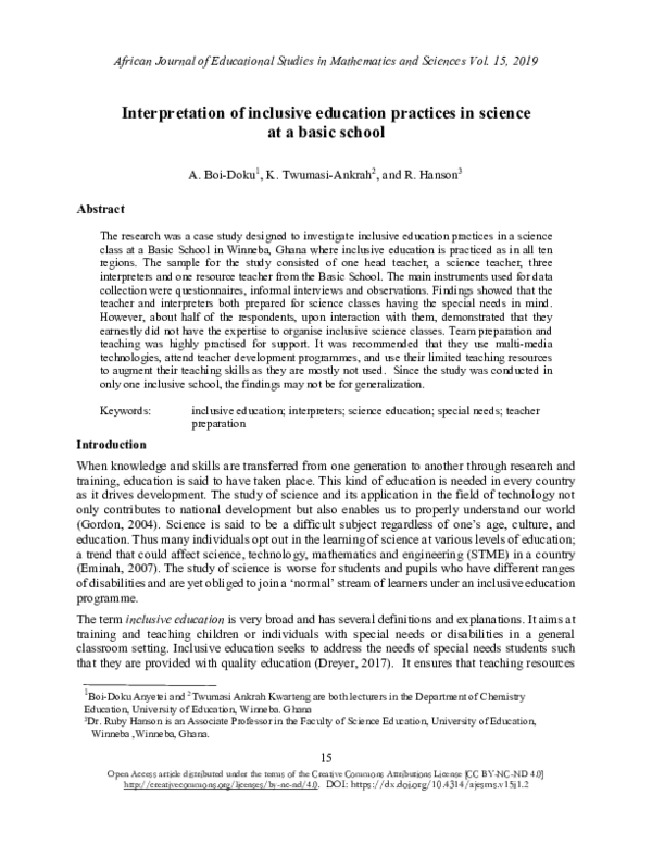 Pdf Interpretation Of Inclusive Education Practices In Science At A Basic School Boi Doku