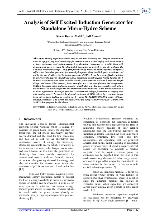 (PDF) Analysis of Self Excited Induction Generator for Standalone Micro-Hydro Scheme