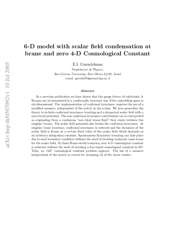 Pdf 6 D Model With Scalar Field Condensation At Brane And Zero 4 D