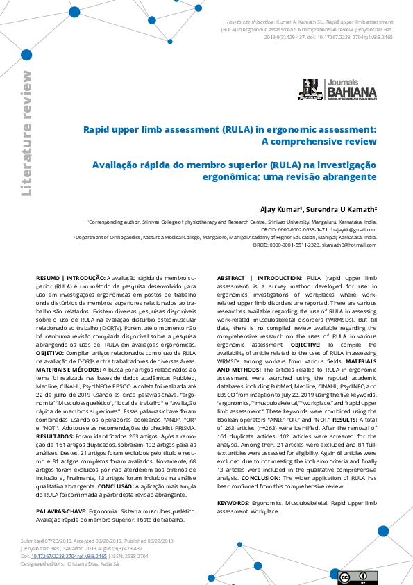 (PDF) Rapid upper limb assessment (RULA) in ergonomic assessment: A ...