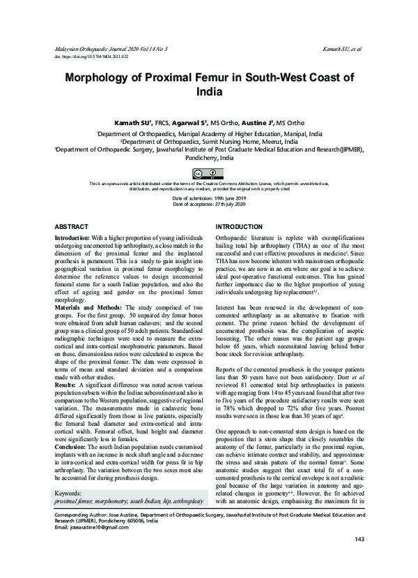 Pdf Morphology Of Proximal Femur In South West Coast Of India