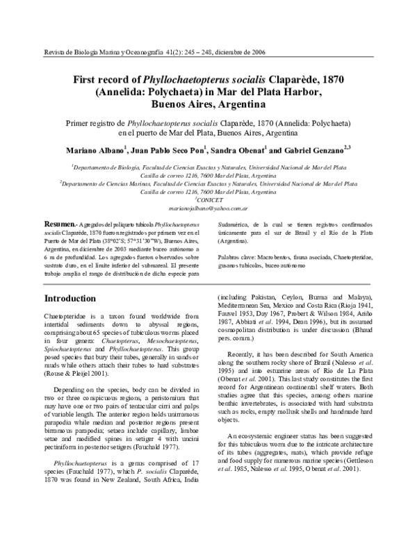 (PDF) First record of Phyllochaetopterus socialis Claparède, 1870 ...