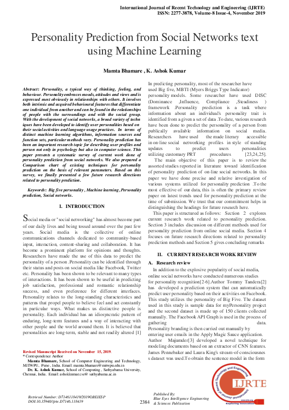 (PDF) Personality Prediction from Social Networks text using Machine ...