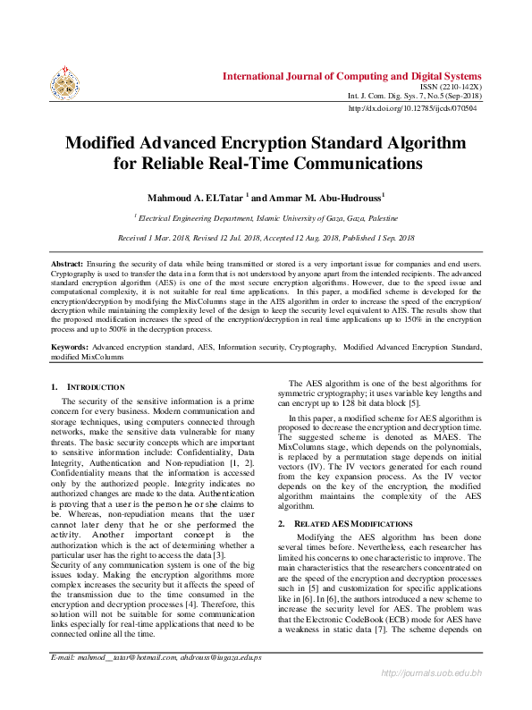 (PDF) Modified Advanced Encryption Standard Algorithm for Reliable Real-Time Communications ...