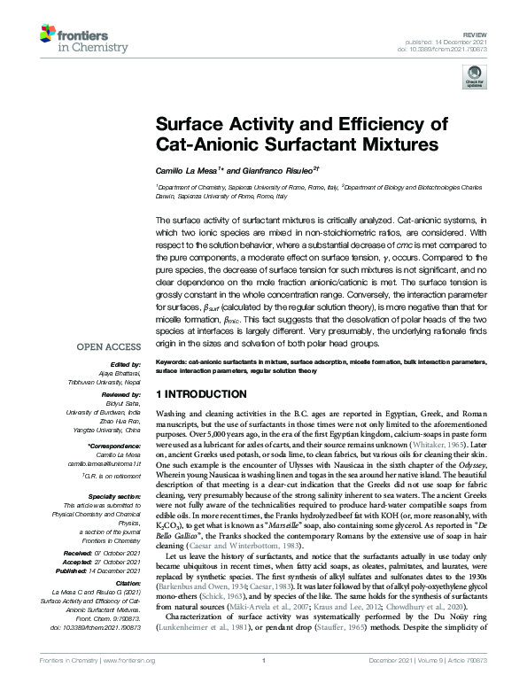 (PDF) Surface Activity and Efficiency of Cat-Anionic Surfactant Mixtures