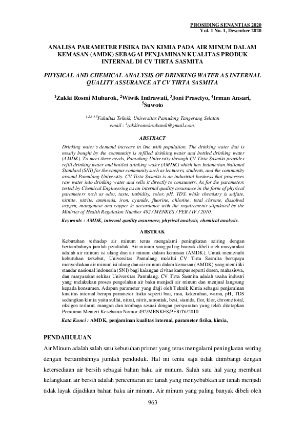 (PDF) Analisa Parameter Fisika Dan Kimia Pada Air Minum Dalam Kemasan (Amdk) Sebagai Penjaminan ...