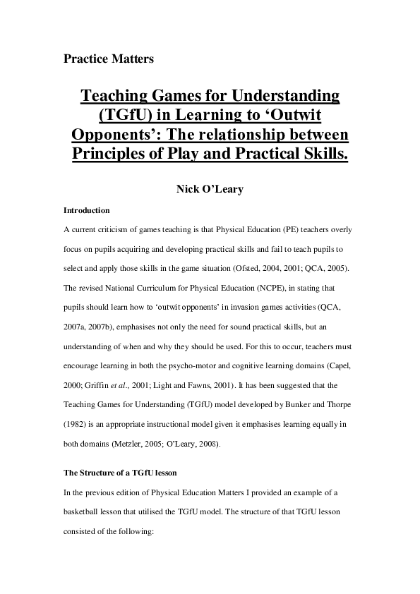 (PDF) Teaching Games for Understanding Tgfu in Learning to Outwit ...
