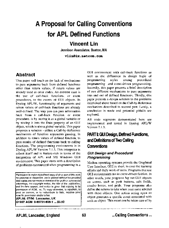 A proposal for calling conventions for APL defined functions