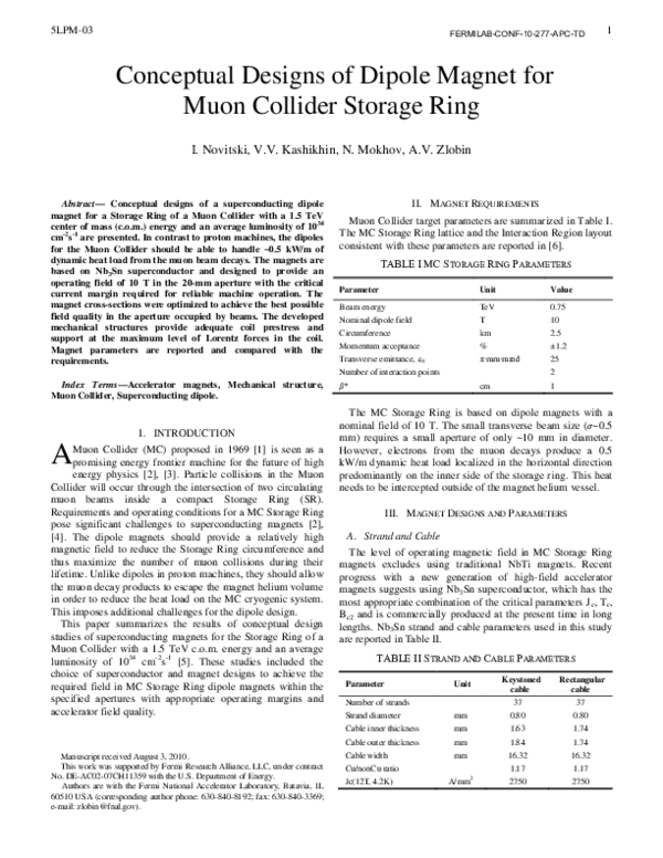 (PDF) Conceptual Designs of Dipole Magnet for Muon Collider Storage Ring