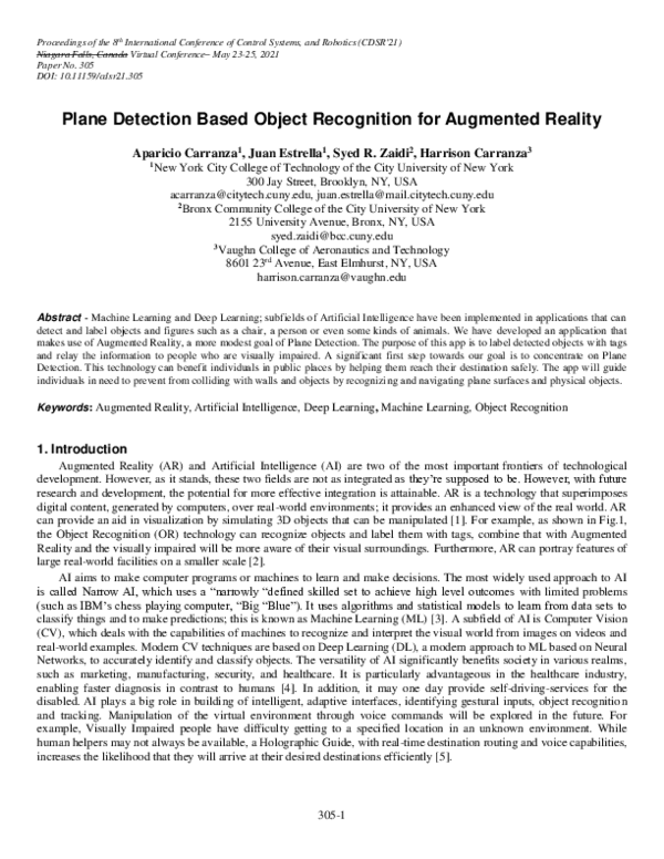 (PDF) Plane Detection Based Object Recognition for Augmented Reality