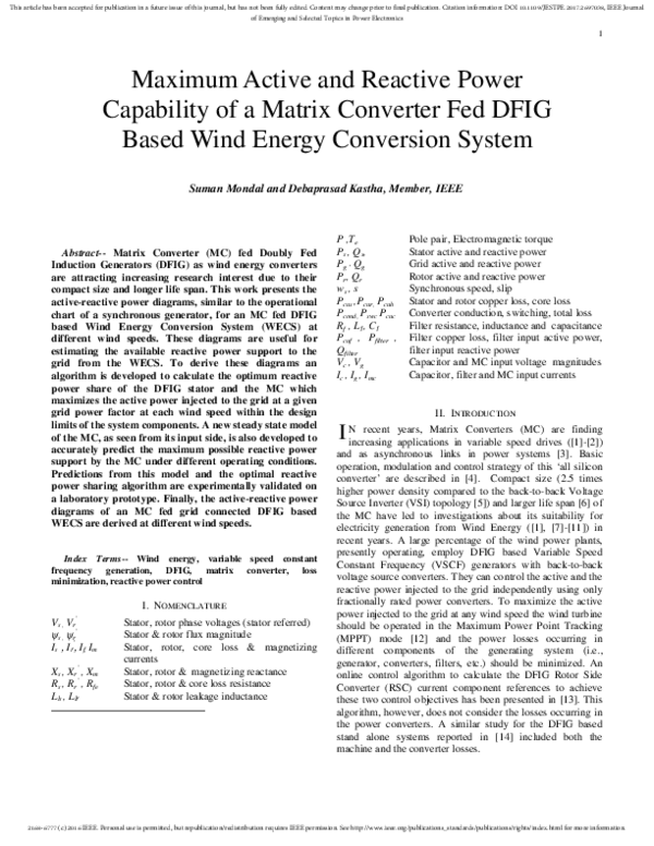 (PDF) Maximum Active and Reactive Power Capability of a Matrix Converter-Fed DFIG-Based Wind ...