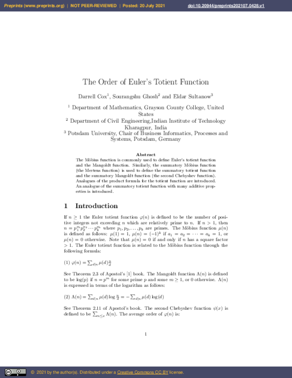 (PDF) The Order of Euler’s Totient Function