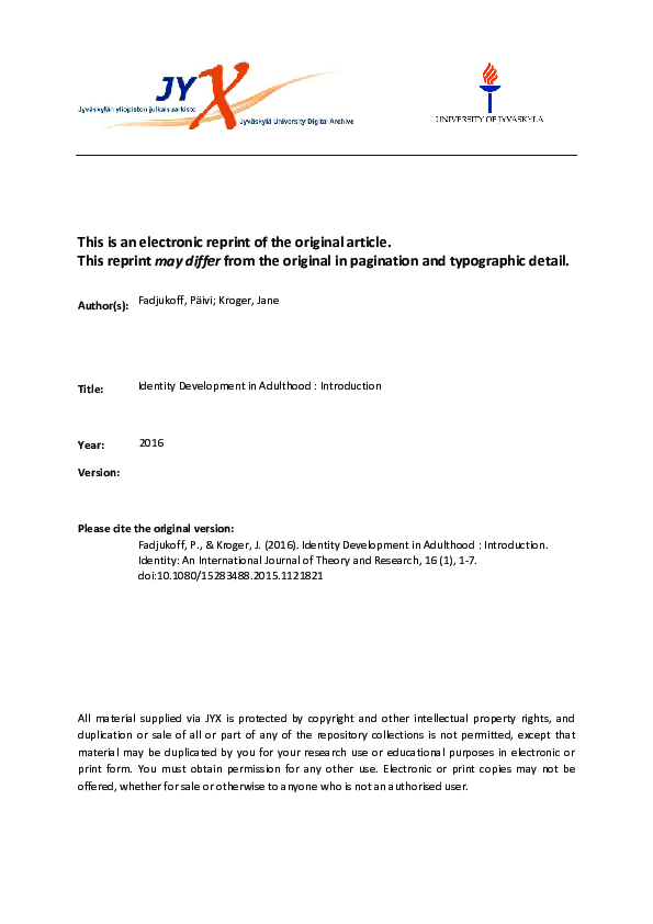 (PDF) Identity Development in Adulthood: Introduction