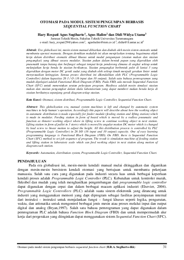 Pdf Otomasi Pada Modul Sistem Pengumpan Berbasis Sequential Function