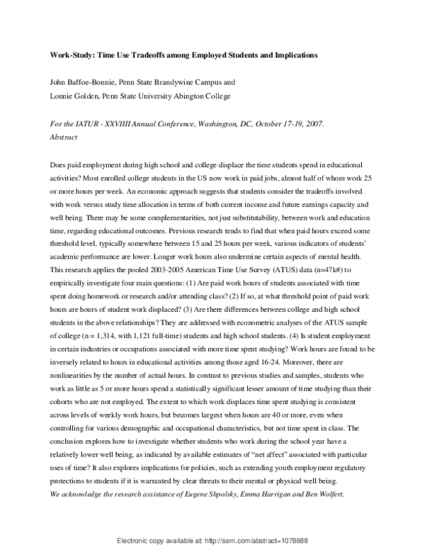(PDF) Work-Study: Time Use Tradeoffs, Student Work Hours and ...