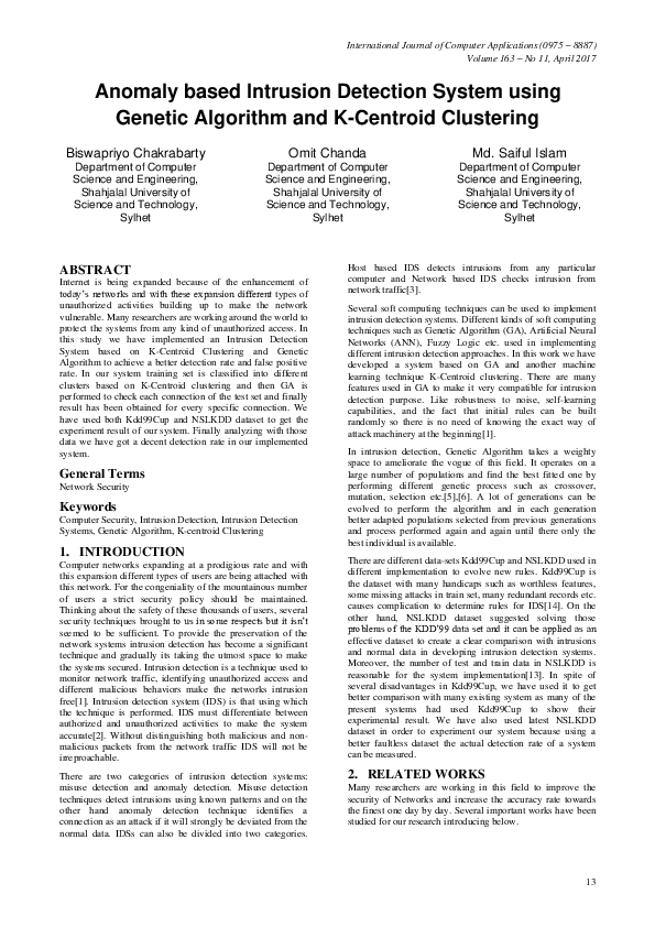 (PDF) Anomaly based Intrusion Detection System using Genetic Algorithm and K-Centroid Clustering