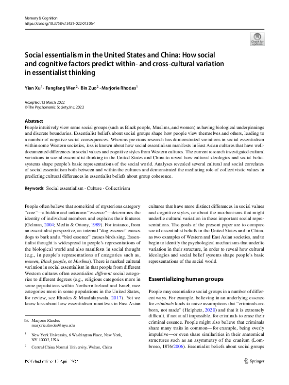 (PDF) Social essentialism in the United States and China: How social ...