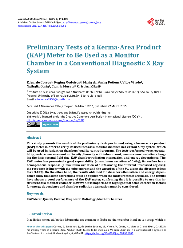 (PDF) Preliminary Tests of a Kerma-Area Product (KAP) Meter to Be Used ...