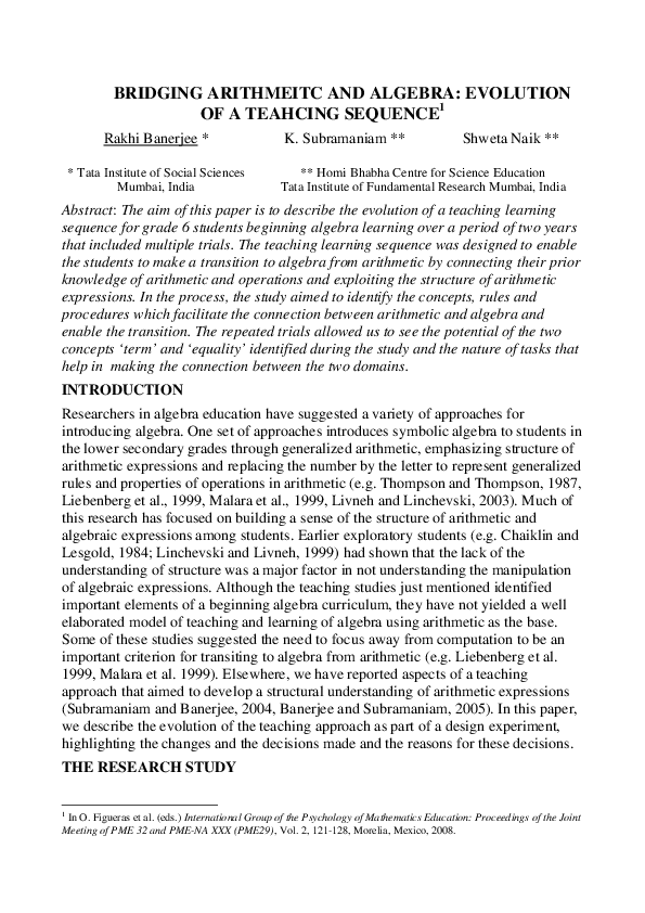 (PDF) Bridging Arithmetic and Algebra: Evolution of a Teaching Sequence