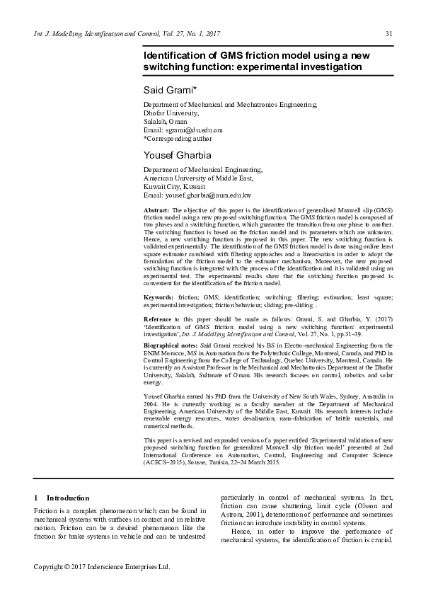 Pdf Identification Of Gms Friction Model Using A New Switching Function Experimental