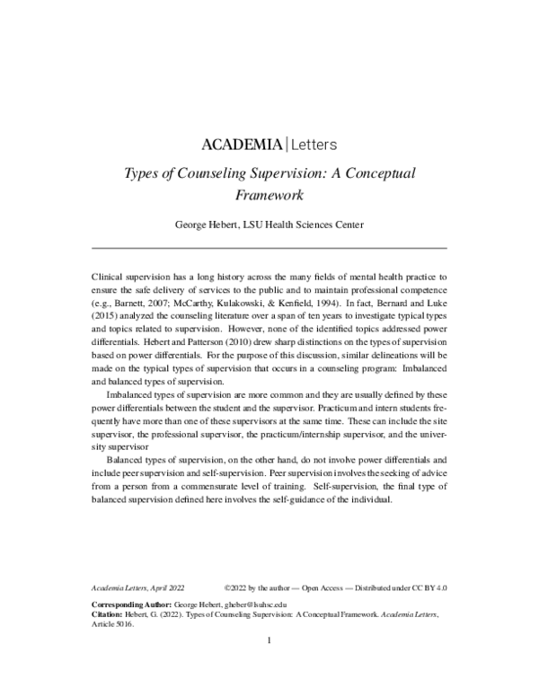 (PDF) Types of Counseling Supervision: A Conceptual Framework
