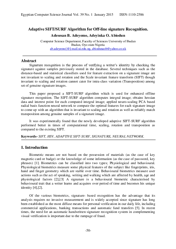 (PDF) Adaptive SIFT / SURF Algorithm for Off-line signature Recognition