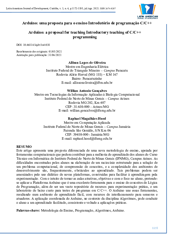 (PDF) Arduino: uma proposta para o ensino Introdutório de programação C/C++