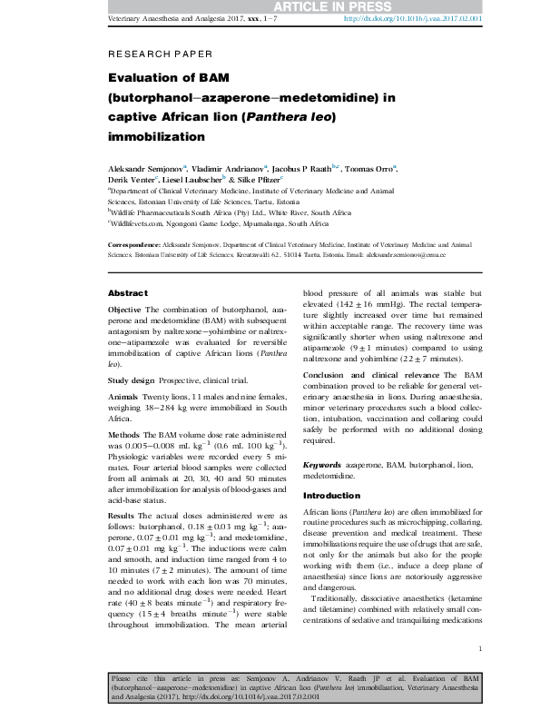 (PDF) Evaluation of BAM (butorphanol–azaperone–medetomidine) in captive ...