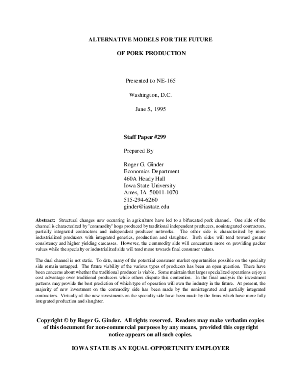 (PDF) Alternative Models for the Future of Pork Production