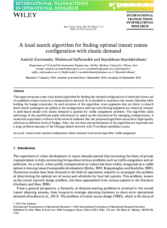 Pdf A Local Search Algorithm For Finding Optimal Transit Routes Configuration With Elastic 5956