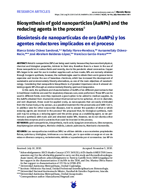 (PDF) Biosynthesis of gold nanoparticles (AuNPs) and the reducing ...