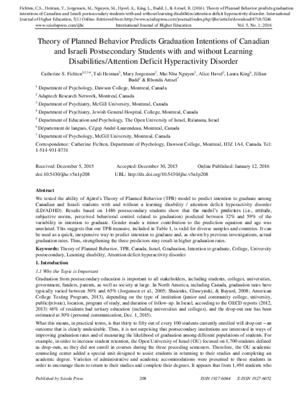 (PDF) Theory of Planned Behavior Predicts Graduation Intentions of ...