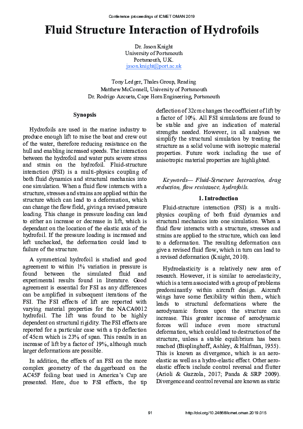 Pdf Fluid Structure Interaction Of Hydrofoils Jason Knight