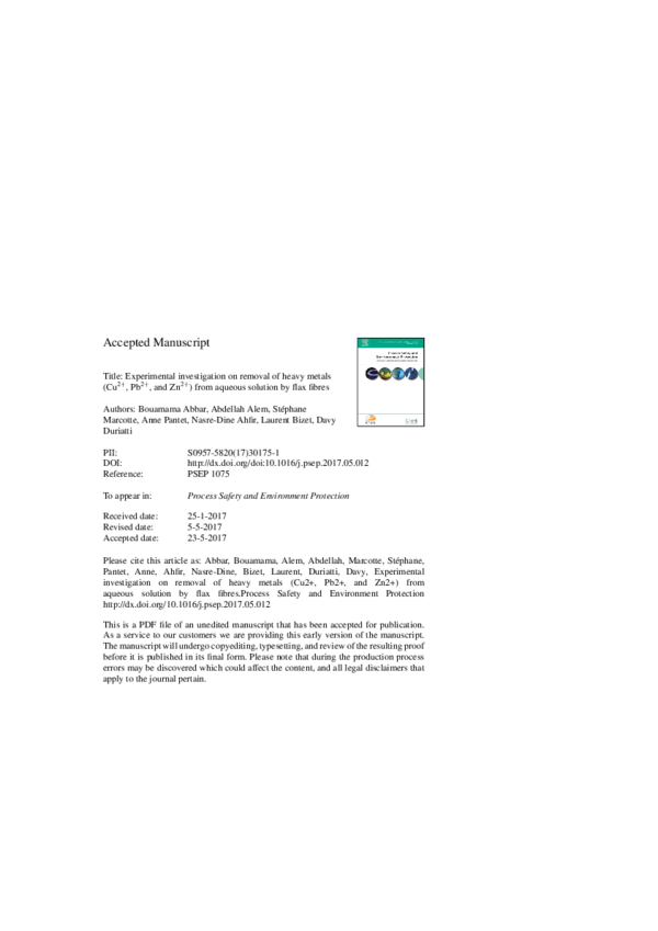 (PDF) Experimental investigation on removal of heavy metals (Cu2+, Pb2+, and Zn2+) from aqueous ...