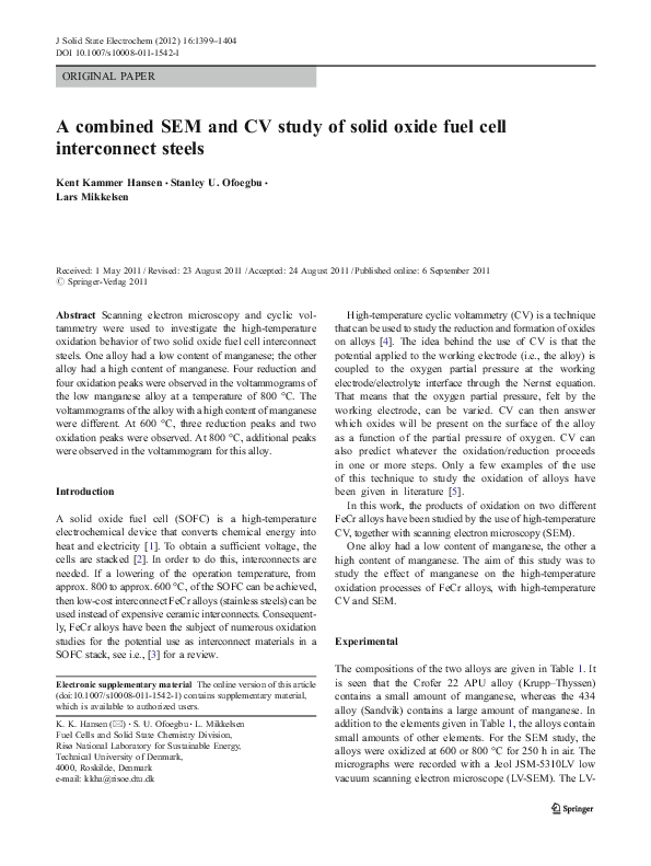 (PDF) A combined SEM and CV study of solid oxide fuel cell interconnect steels