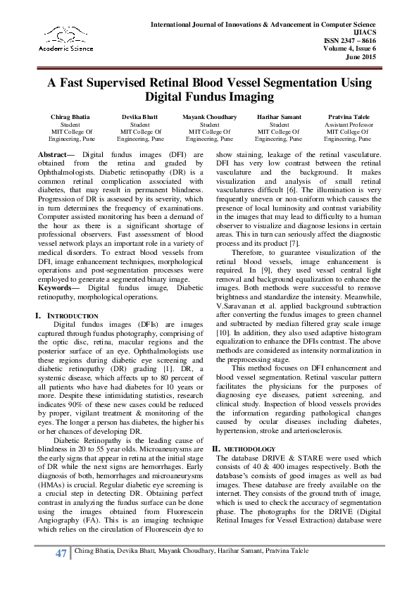(PDF) A Fast Supervised Retinal Blood Vessel Segmentation Using Digital Fundus Imaging