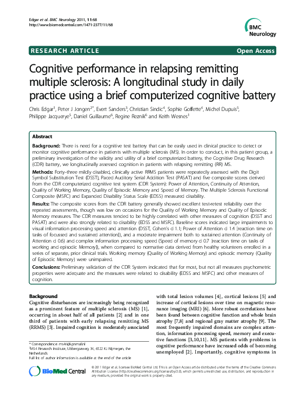 (PDF) Cognitive performance in relapsing remitting multiple sclerosis: A longitudinal study in ...