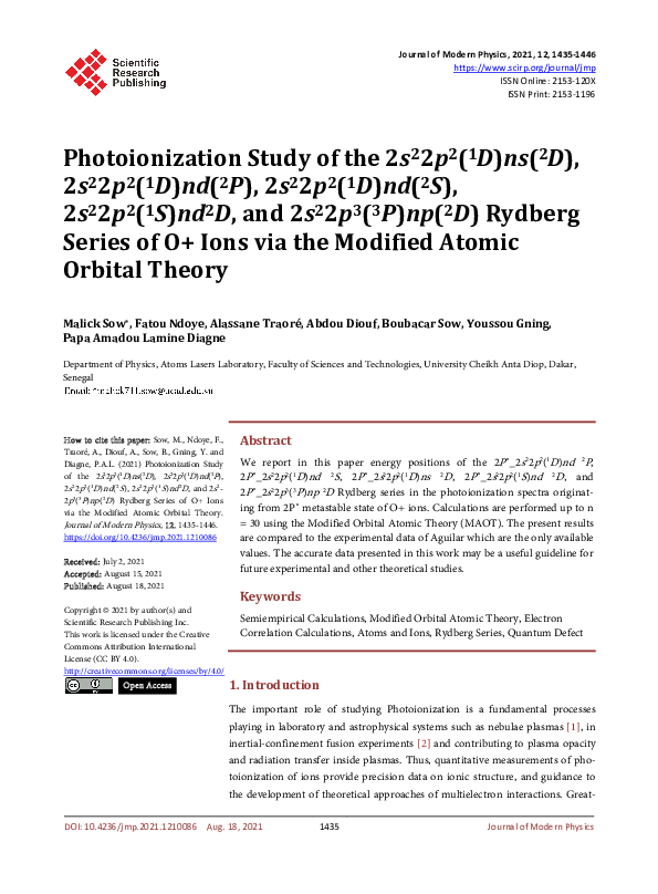 (PDF) Photoionization Study of the 2s22p2 (1D)ns(2D), 2s22p2 (1D)nd(2P), 2s22p2 (1D)nd(2S ...