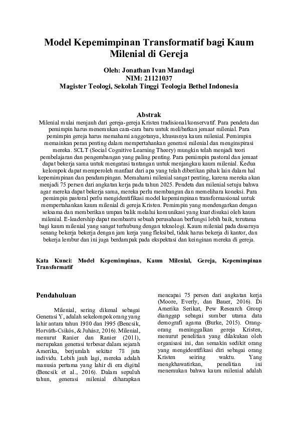 (PDF) Model Kepemimpinan Transformatif bagi Kaum Milenial di Gereja