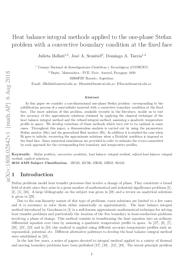 (PDF) Heat balance integral methods applied to the one-phase Stefan problem with a convective ...
