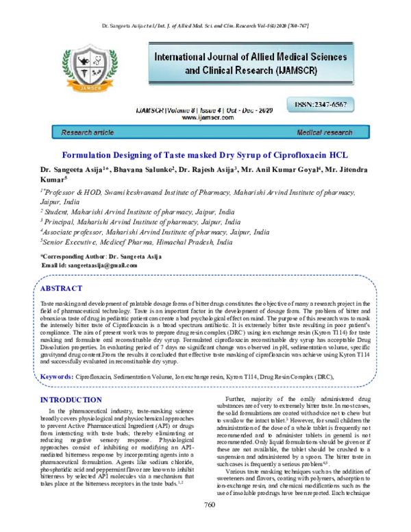 (PDF) Formulation Designing of Taste Masked Dry Syrup of Ciprofloxacin HCL