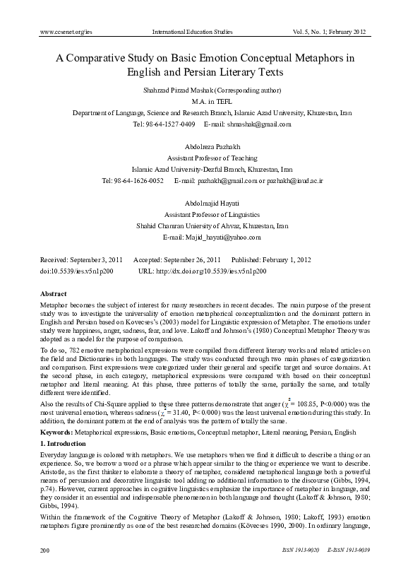 (PDF) A Comparative Study on Basic Emotion Conceptual Metaphors in ... (PDF) A Comparative Study on Basic Emotion Conceptual Metaphors in ...