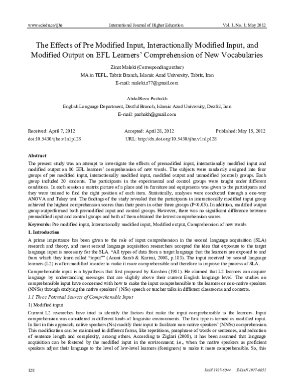 (PDF) The Effects of Pre Modified Input, Interactionally Modified Input, and Modified Output on ...