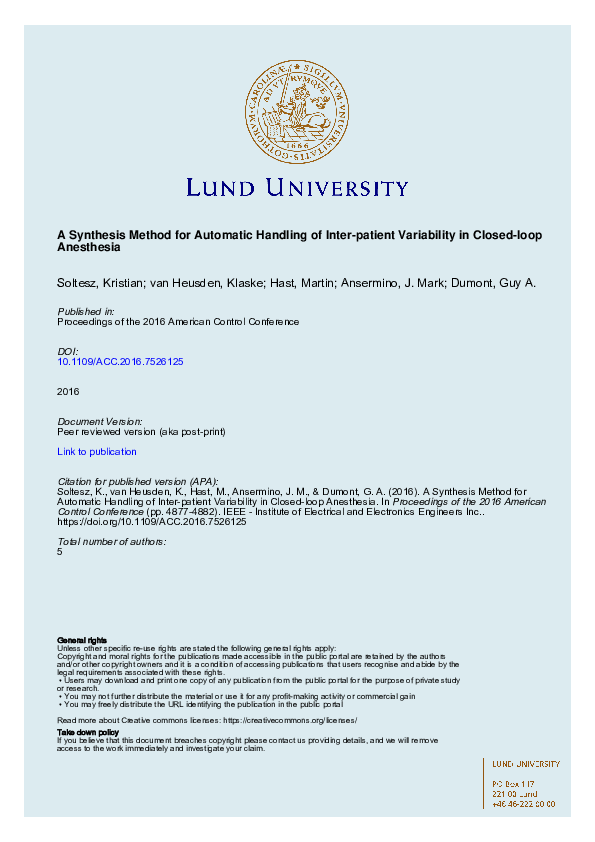 (PDF) A synthesis method for automatic handling of inter-patient variability in closed-loop ...