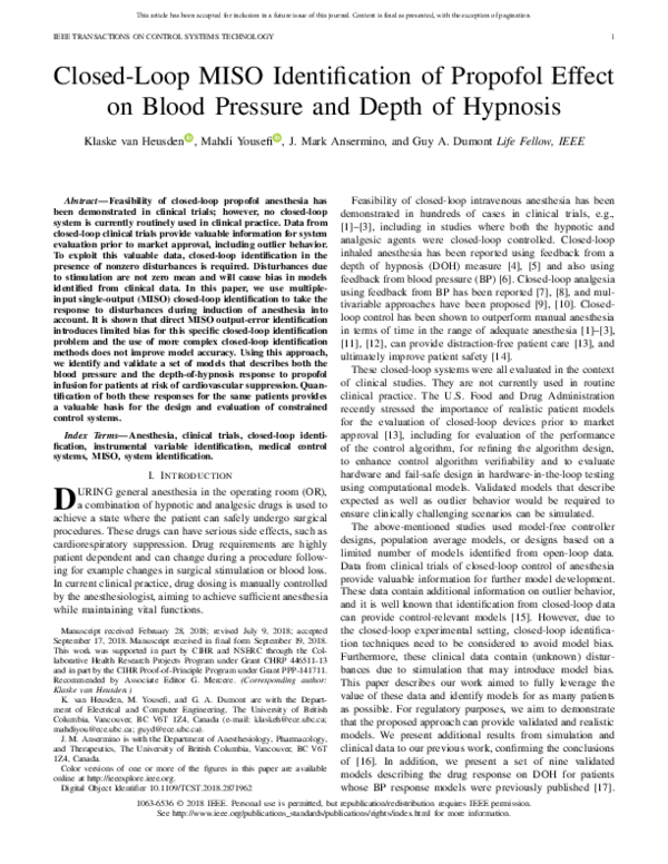 Closed-Loop MISO Identification of Propofol Effect on Blood Pressure and Depth of Hypnosis