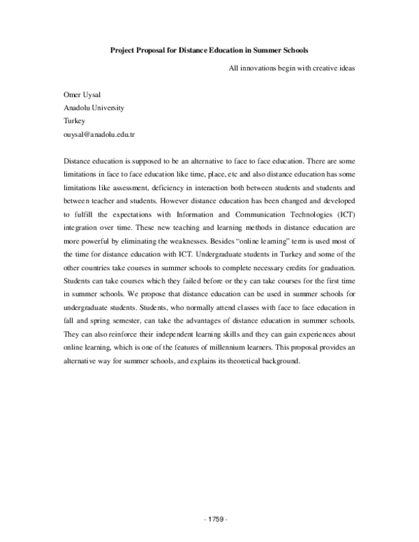 (PDF) Project Proposal for Distance Education in Summer Schools