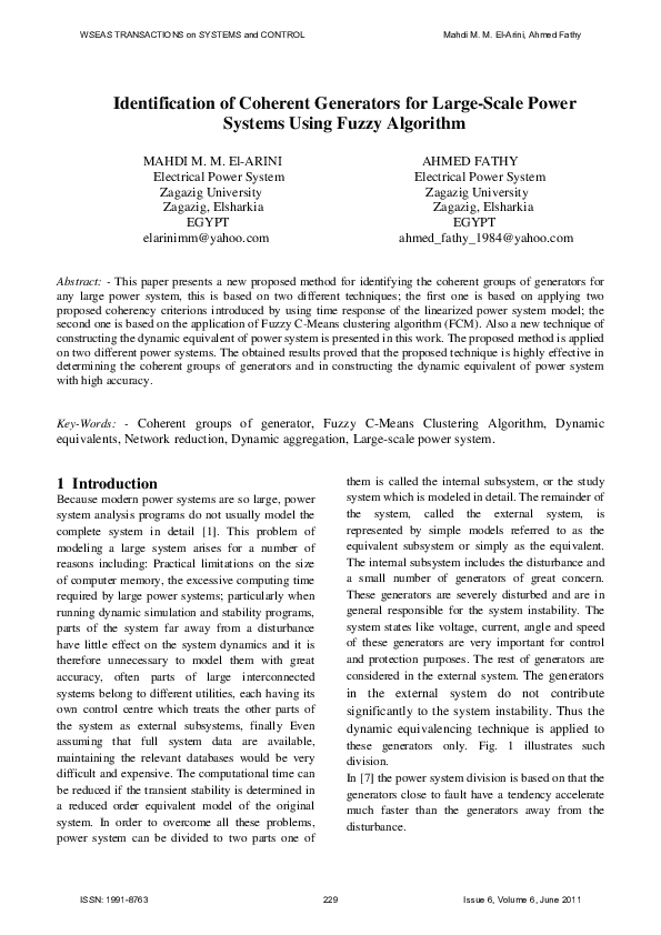 Pdf Identification Of Coherent Generators For Large Scale Power Systems Using Fuzzy Algorithm